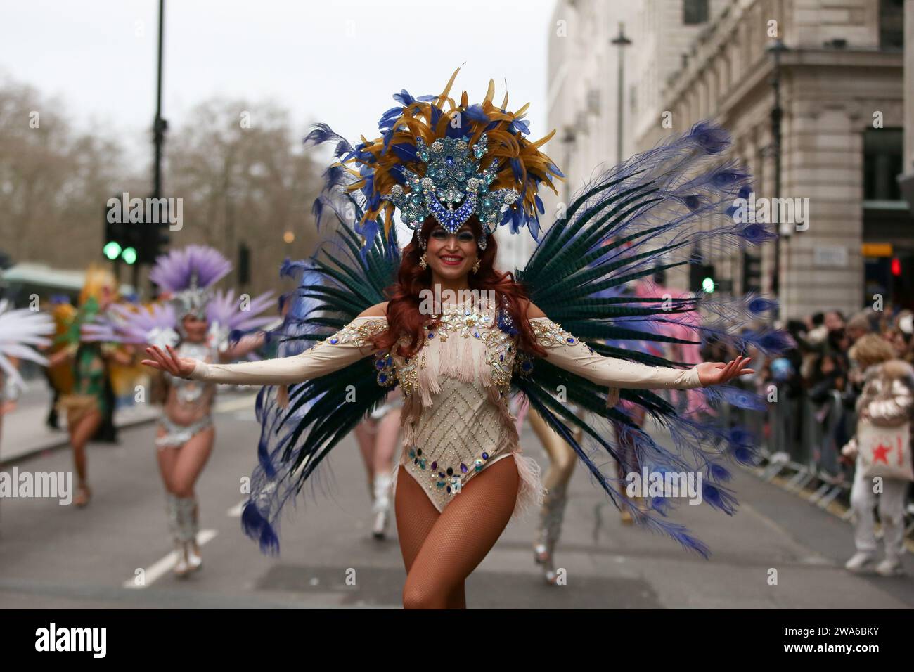 London, UK. 01st Jan, 2024. A performer from London School of Samba during the annual London New ...
