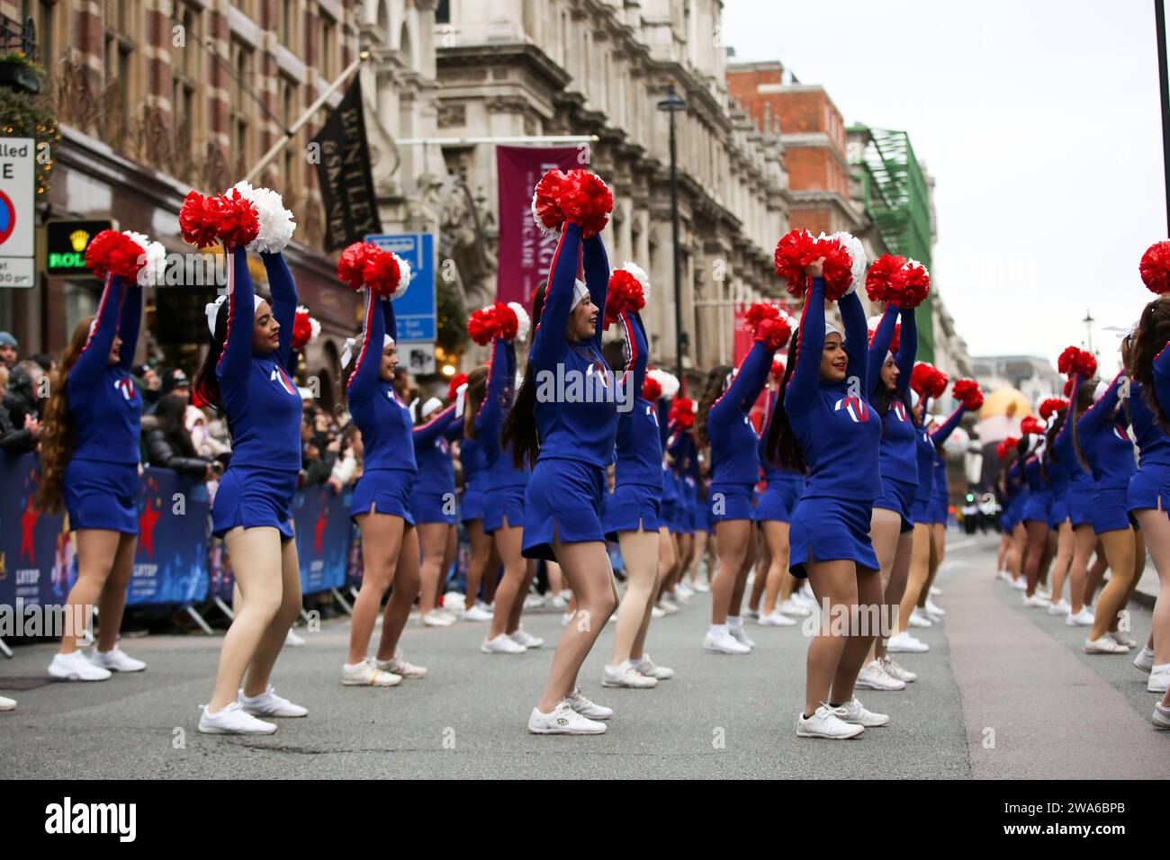 London, UK. 01st Jan, 2024. Cheerleaders take part in the annual London New Year's Day Parade ...