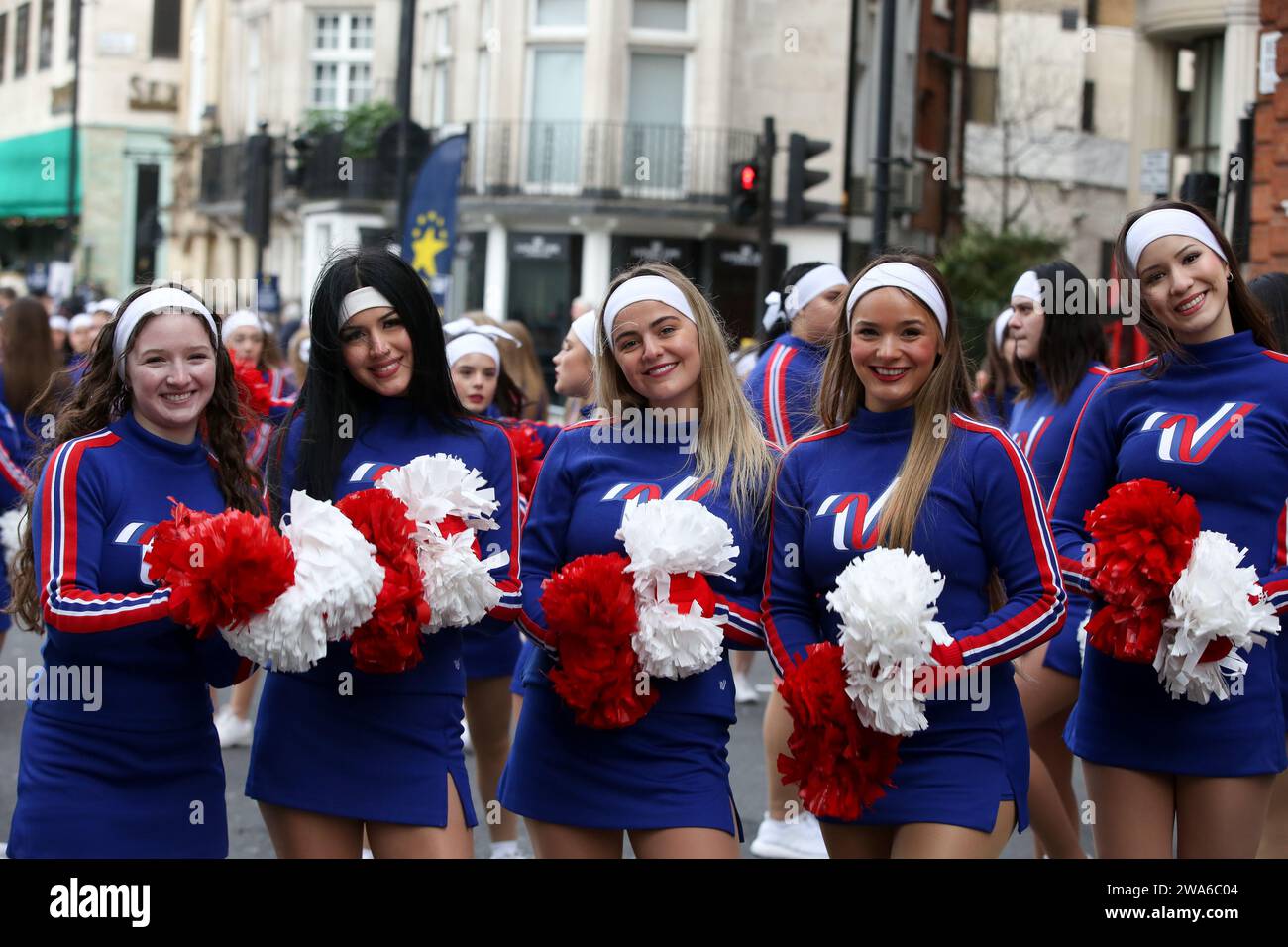 London, UK. 01st Jan, 2024. Cheerleaders during the annual London New Year's Day Parade ...