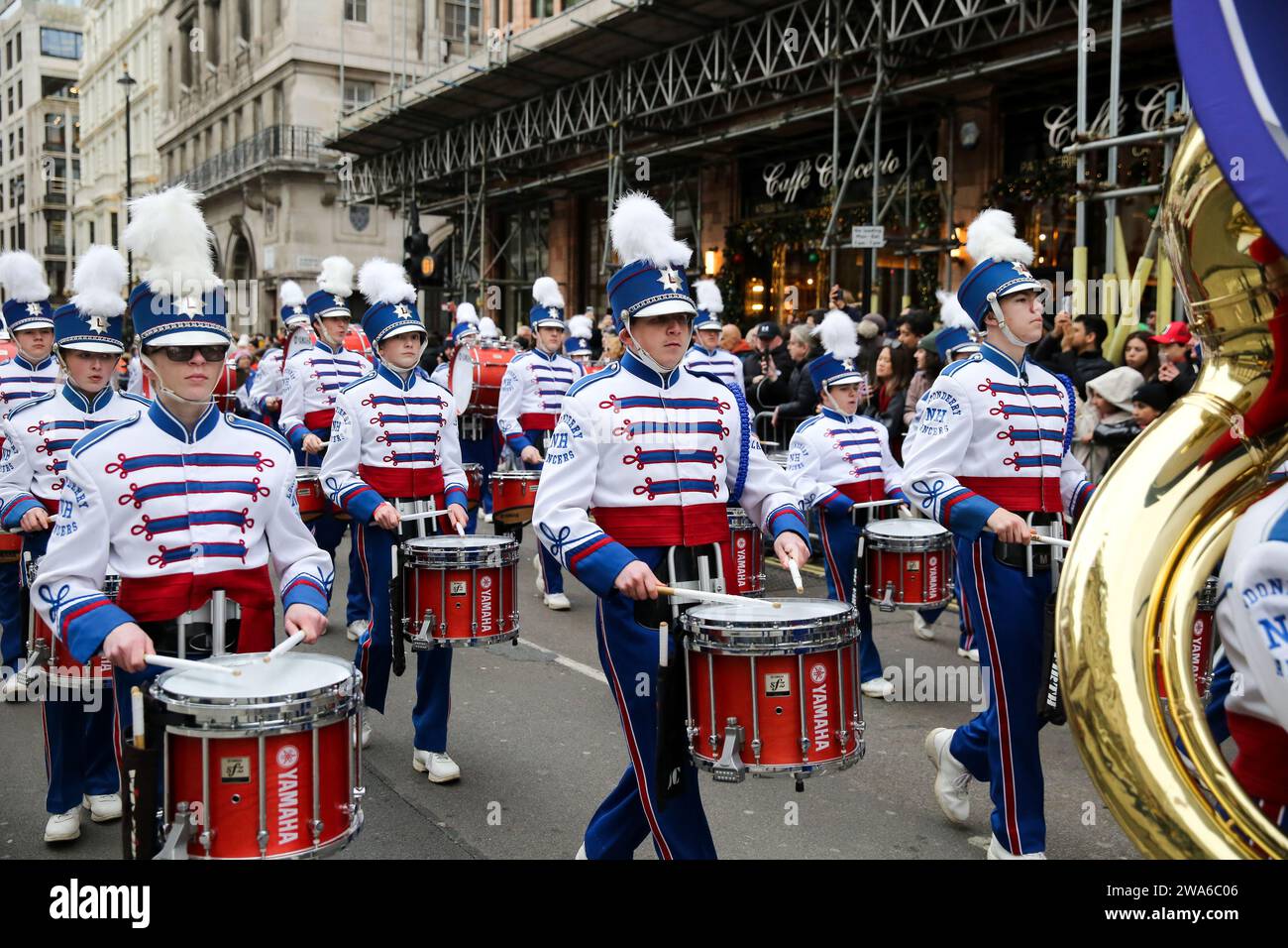 London, UK. 01st Jan, 2024. Members of a marching band take part in the ...