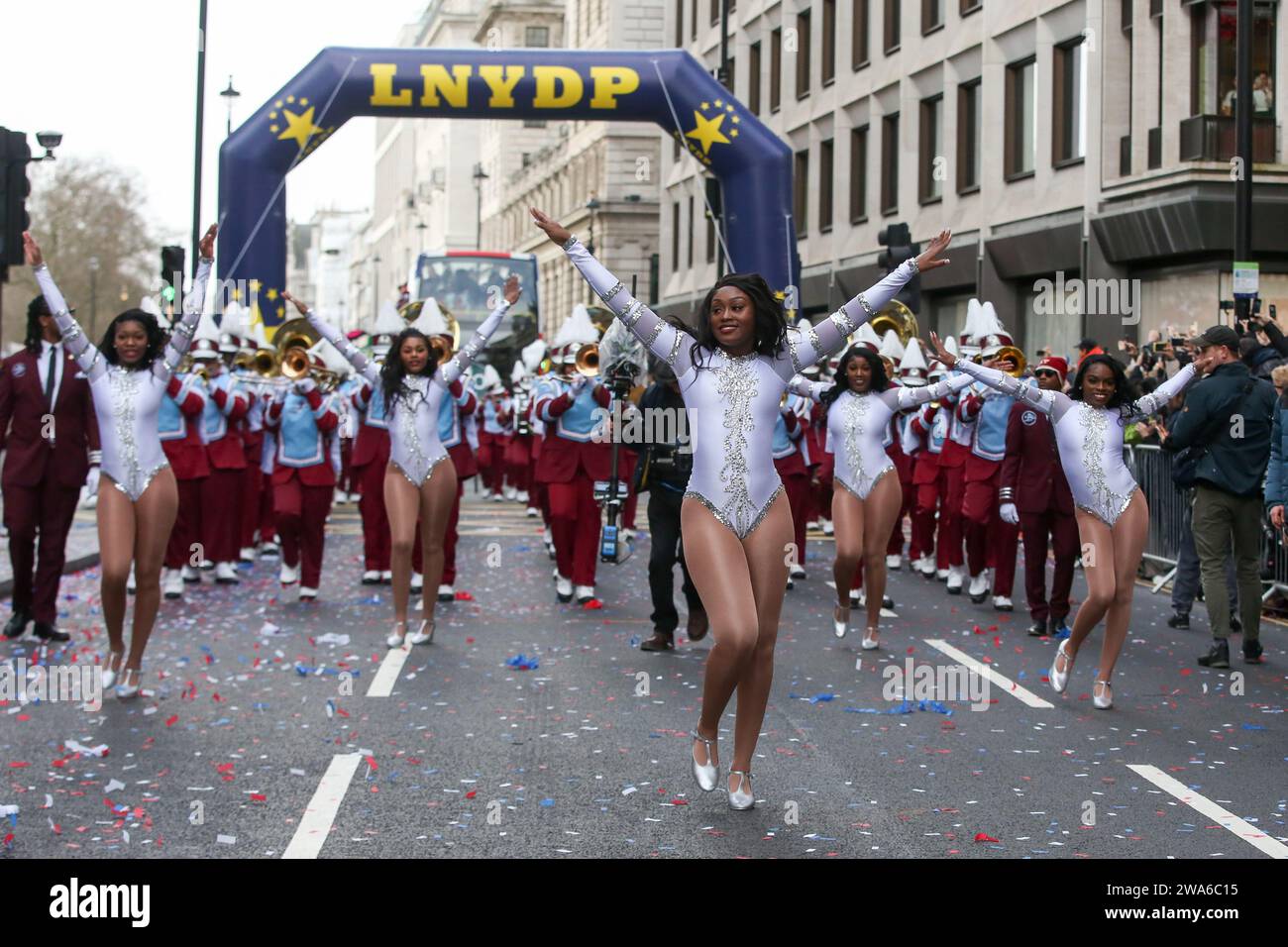 London, UK. 01st Jan, 2024. Performers kick start the annual London New Year's Day Parade ...