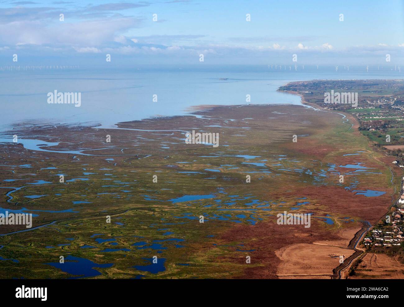 An aerial view looking out over the Dee Estuary and the west side of ...