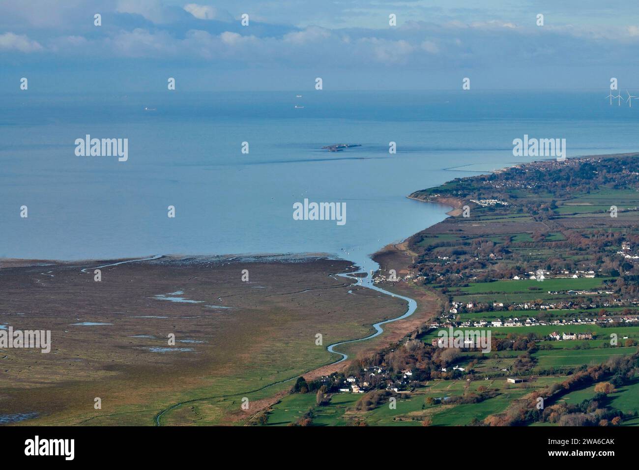 An aerial view looking out over the Dee Estuary and the west side of ...