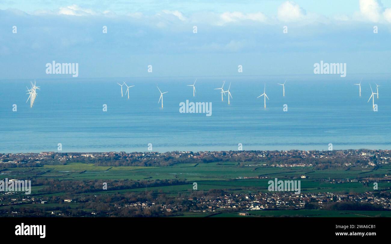 An aerial view looking out over the Wirral to Liverpool Bay Wind farm ...