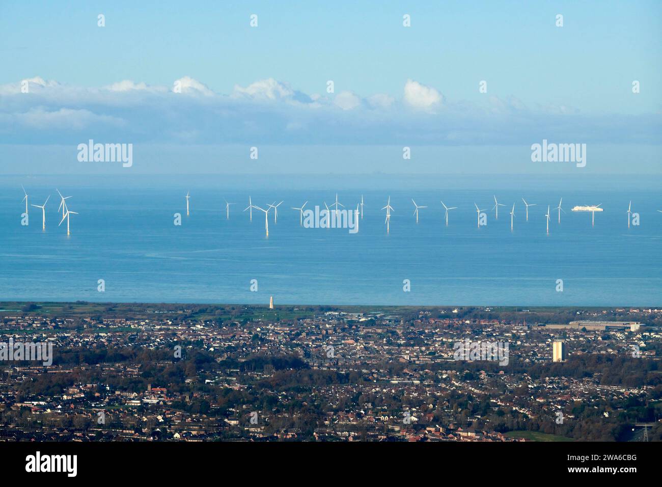 An aerial view looking out over the Wirral to Liverpool Bay Wind farm ...