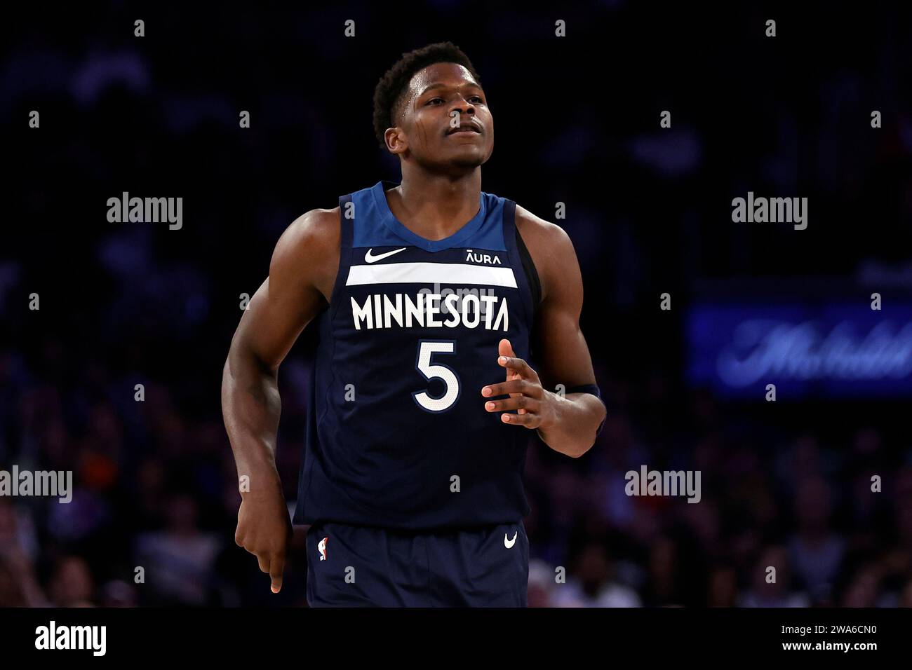 Minnesota Timberwolves guard Anthony Edwards (5) reacts against the New ...