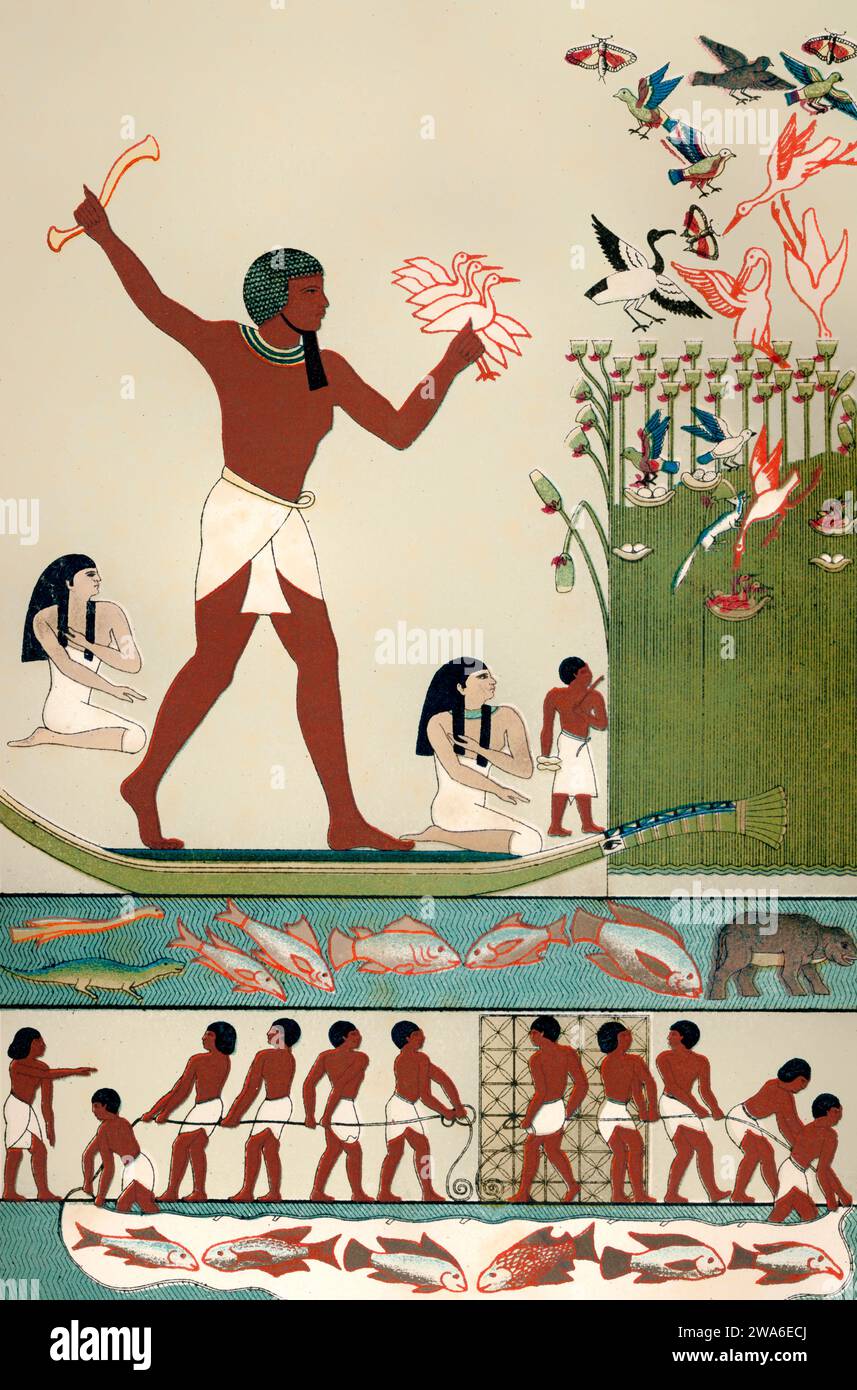 Fishing and bird catching in ancient Egypt, facsimile of an old ...