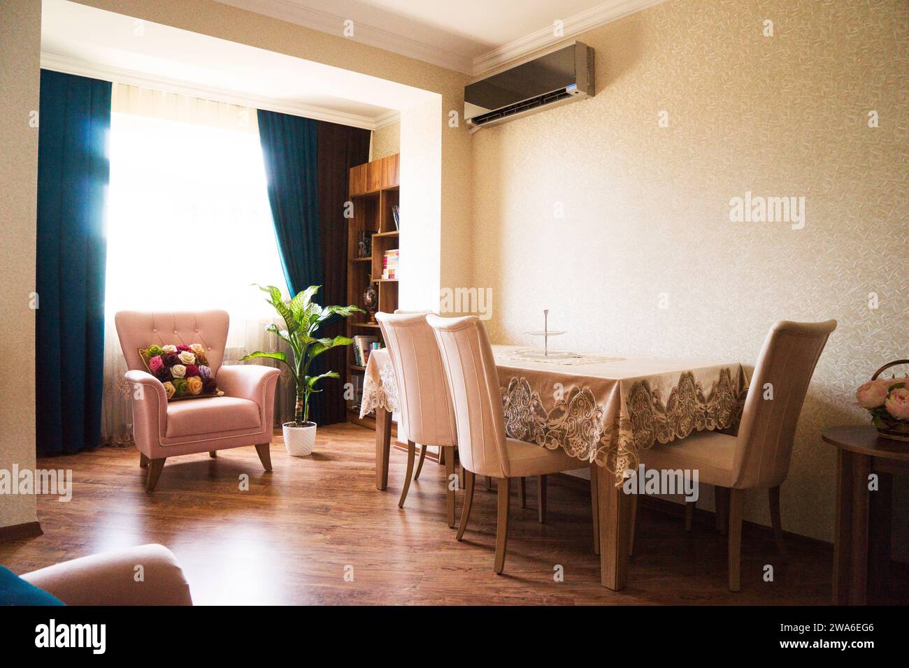 Interior design series: modern colorful dining room,sunset Stock Photo ...