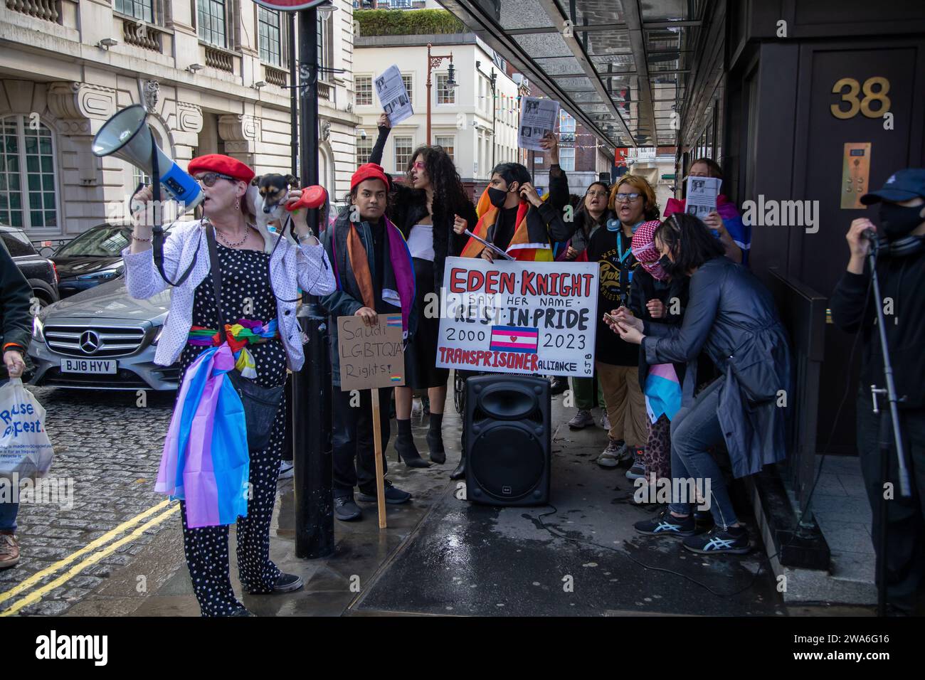 LGBTQ+ protesters outside the Saudi embassy in London protesting the ...