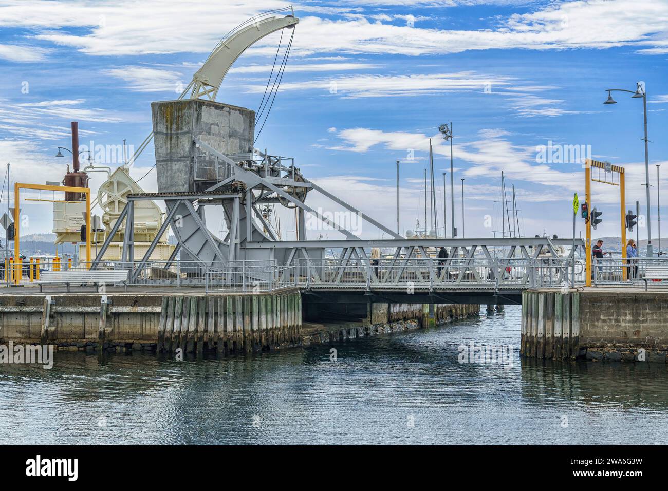 This bascule bridge in Hobart, AUS is on Franklin Wharf. It allows rail ...