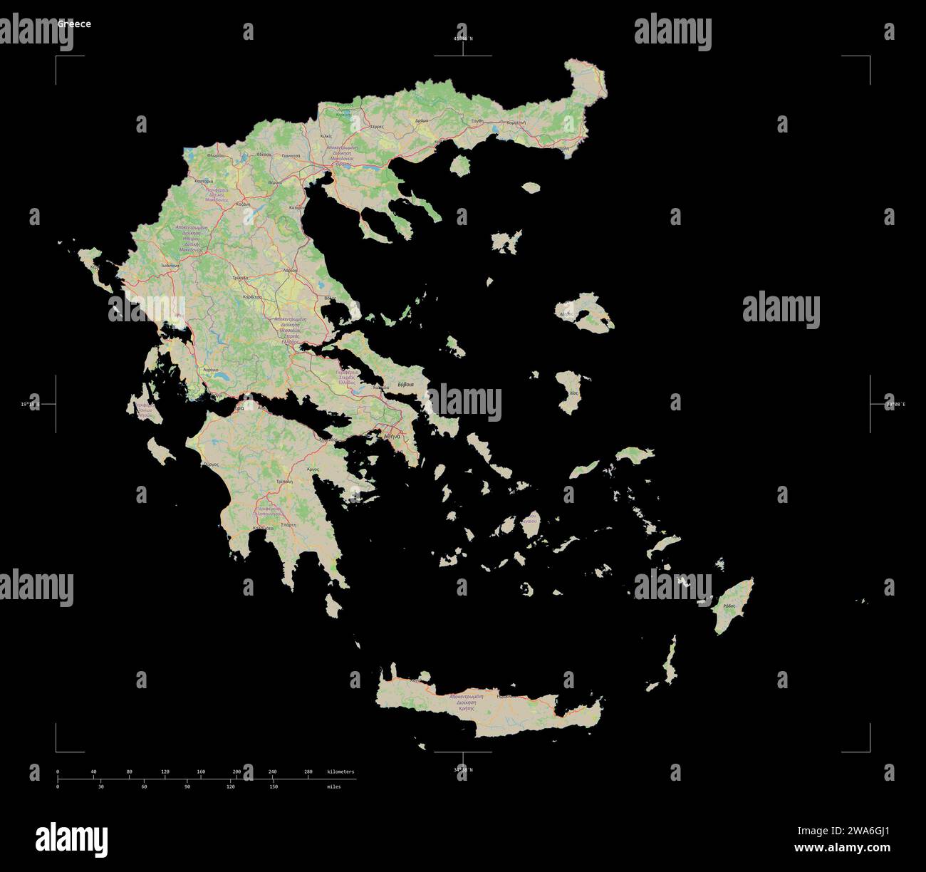 Shape of a topographic, OSM standard style map of the Greece, with ...