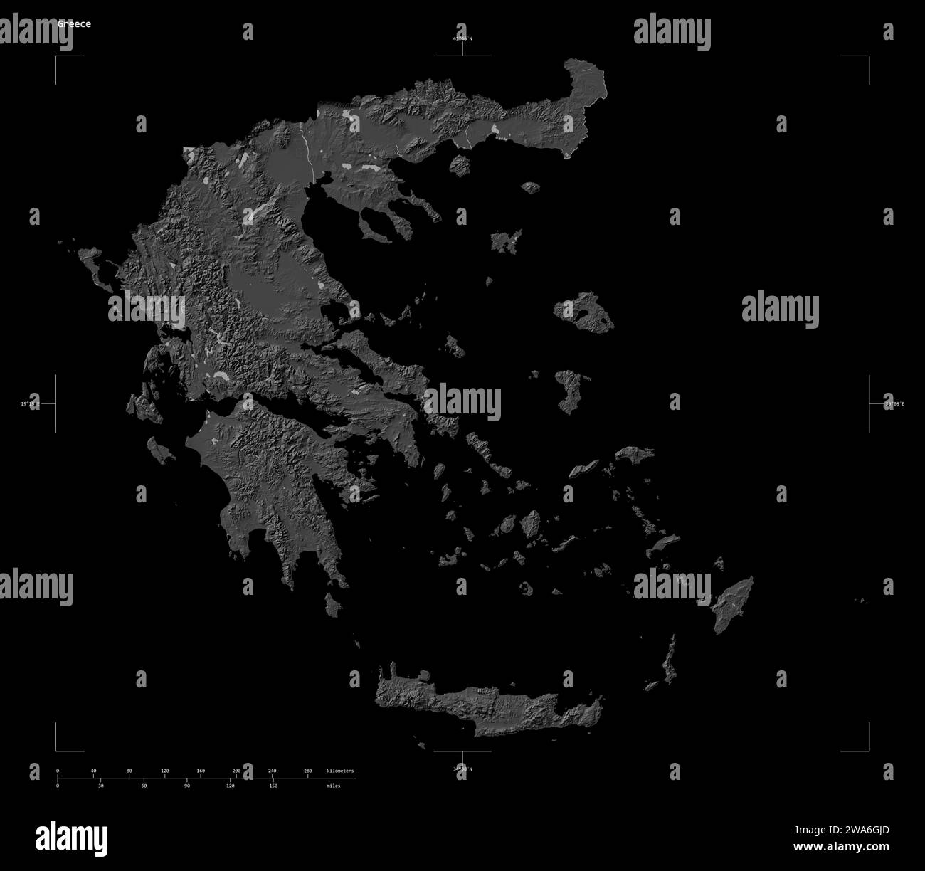 Shape of a Bilevel elevation map with lakes and rivers of the Greece ...