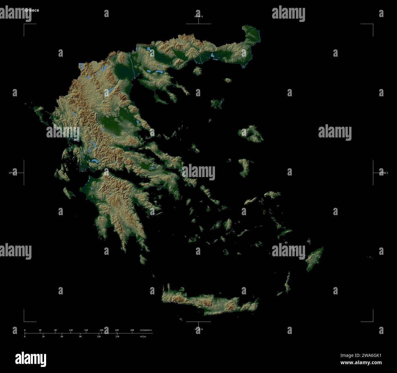 Shape of a Colored elevation map with lakes and rivers of the Greece ...