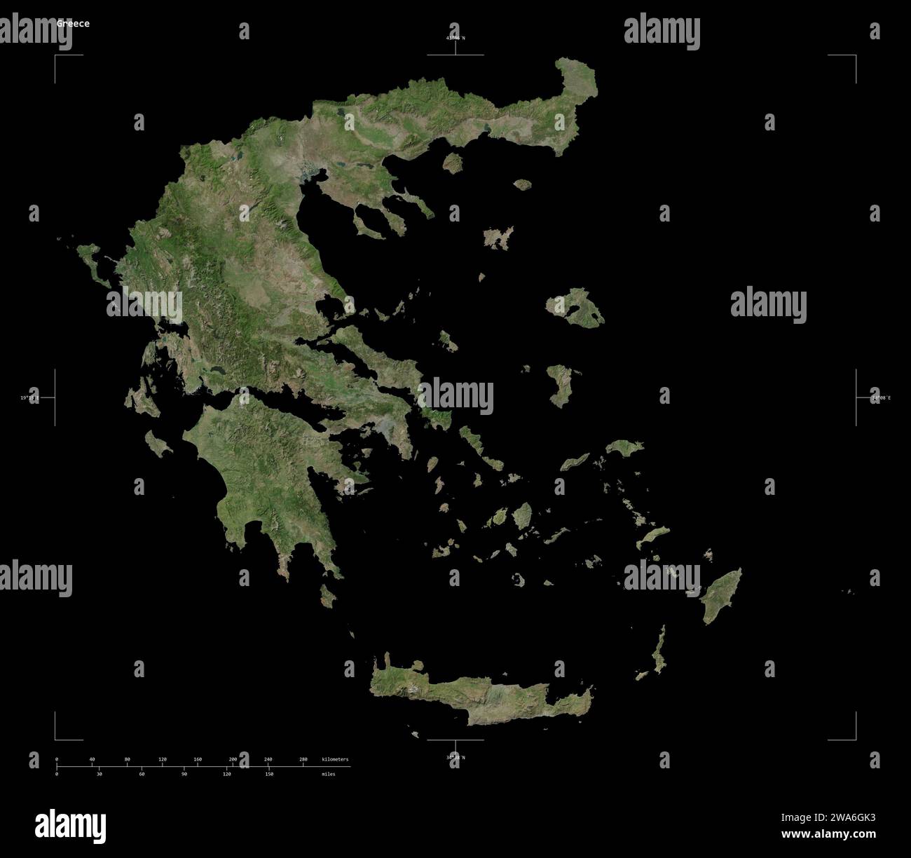 Shape of a high resolution satellite map of the Greece, with distance ...