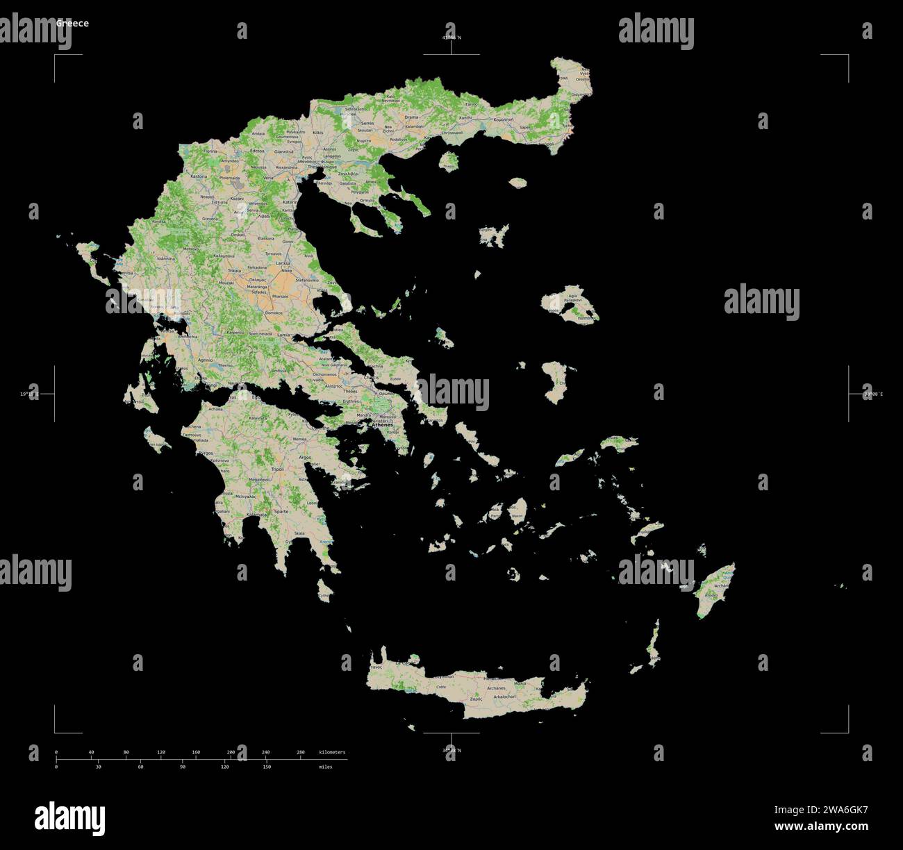 Shape of a topographic, OSM France style map of the Greece, with ...
