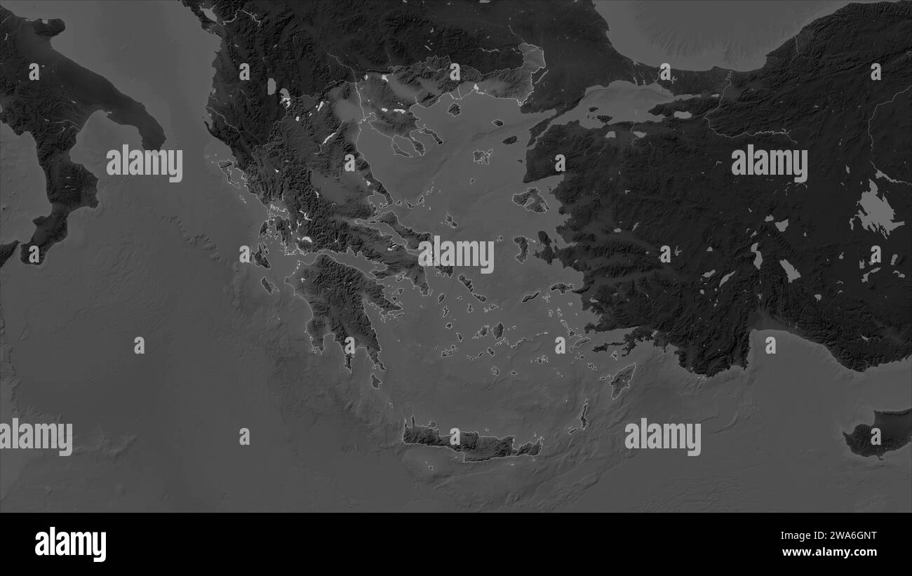 Greece highlighted on a Grayscale elevation map with lakes and rivers ...