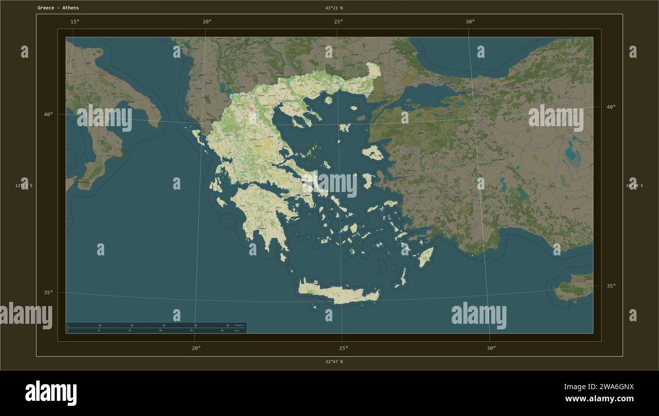 Greece highlighted on a topographic, OSM Humanitarian style map map ...