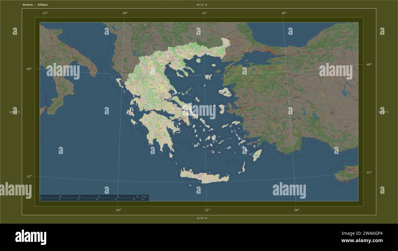 Greece highlighted on a topographic, OSM standard style map map with ...