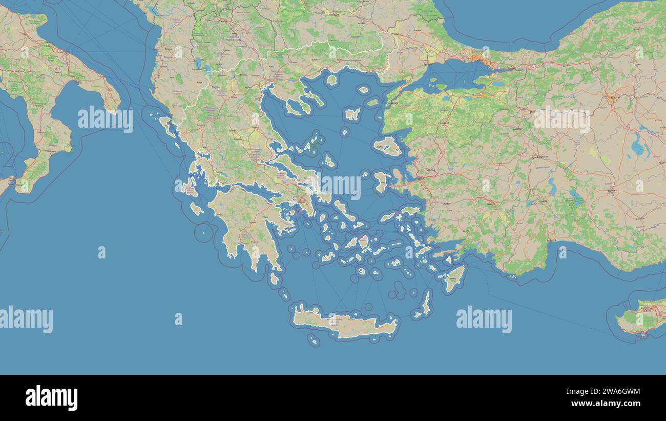 Greece outlined on a topographic, OSM standard style map Stock Photo ...