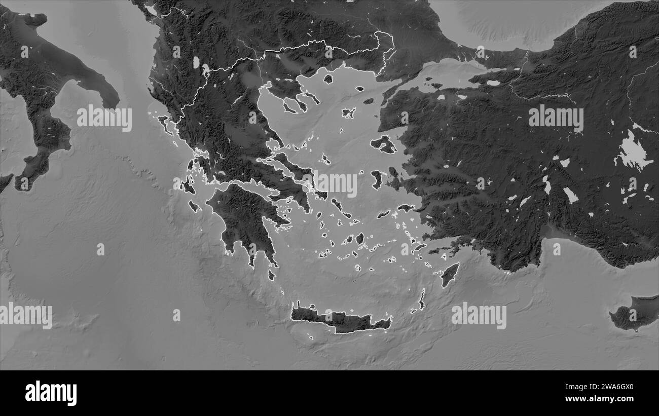 Greece outlined on a Grayscale elevation map with lakes and rivers ...