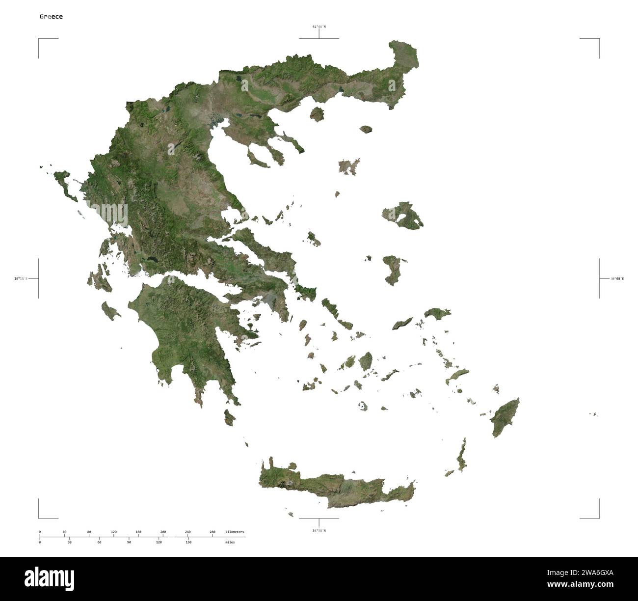 Shape of a high resolution satellite map of the Greece, with distance ...
