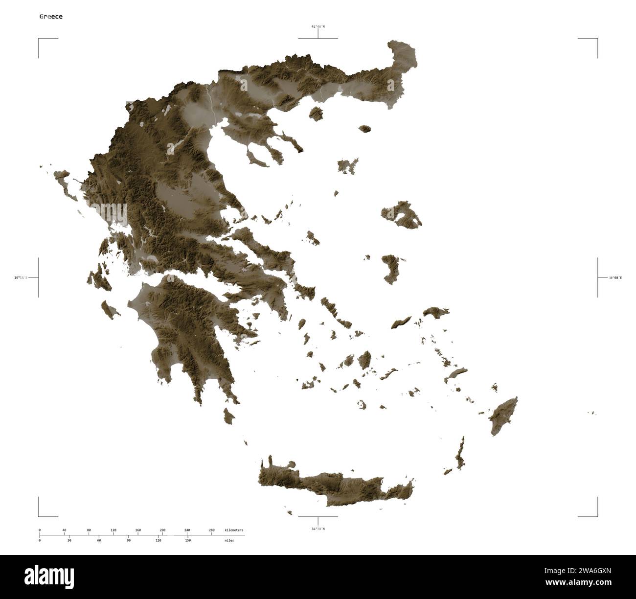 Shape of a elevation map colored in sepia tones with lakes and rivers ...