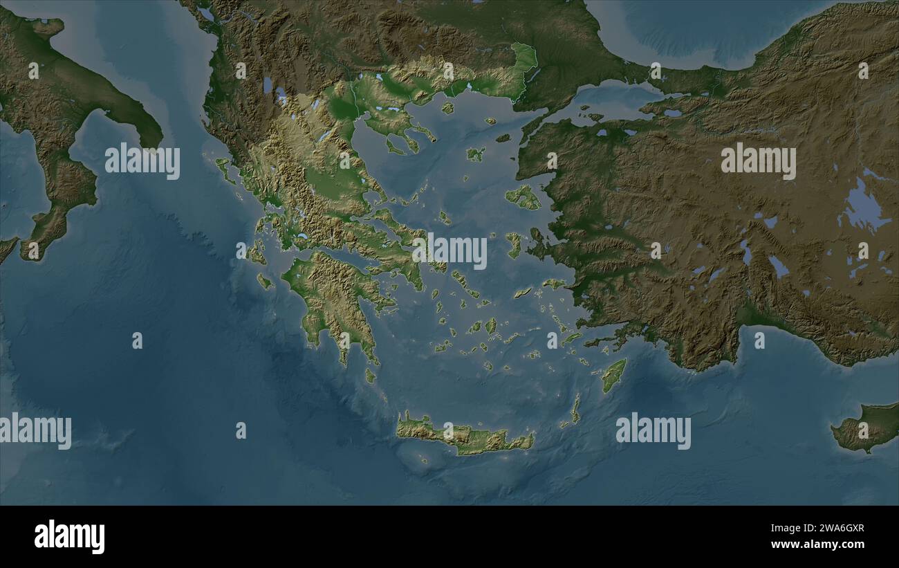 Greece highlighted on a Pale colored elevation map with lakes and ...