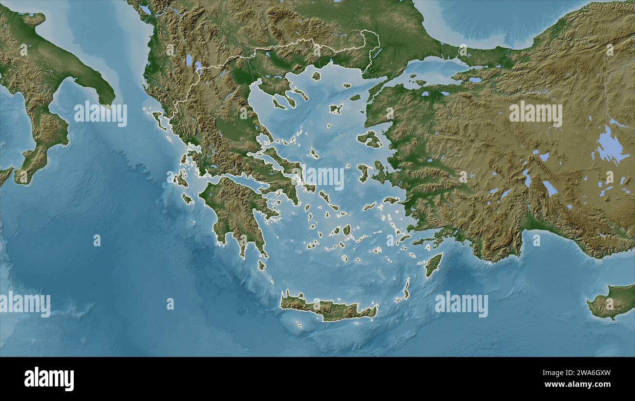 Greece outlined on a Pale colored elevation map with lakes and rivers ...