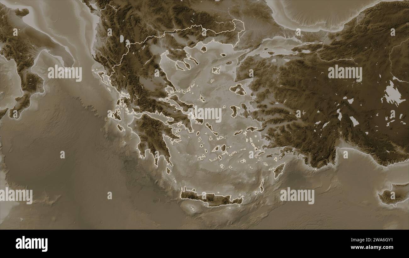 Greece outlined on a elevation map colored in sepia tones with lakes ...