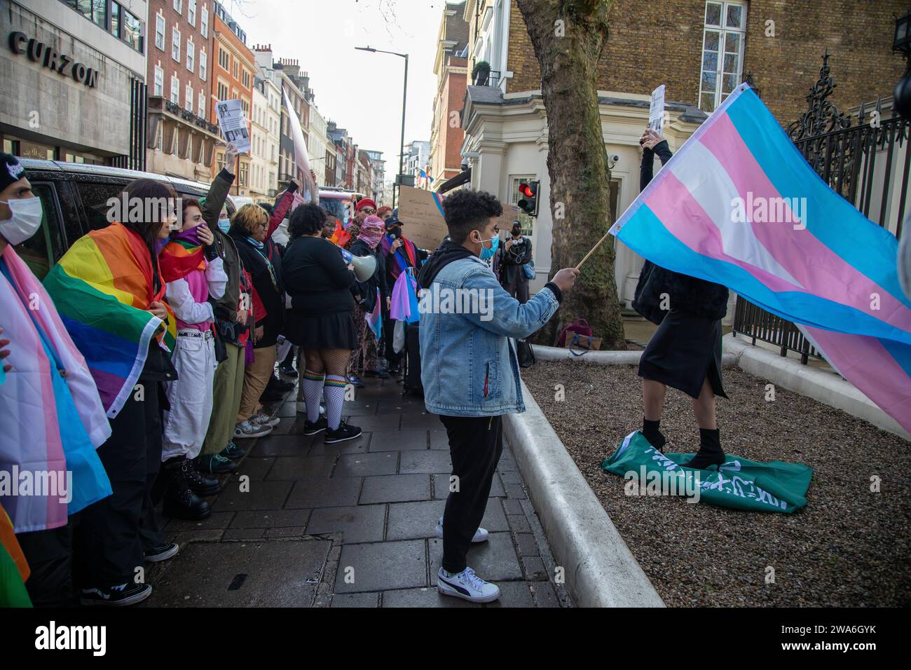 LGBTQ+ protesters outside the Saudi embassy in London protesting the ...