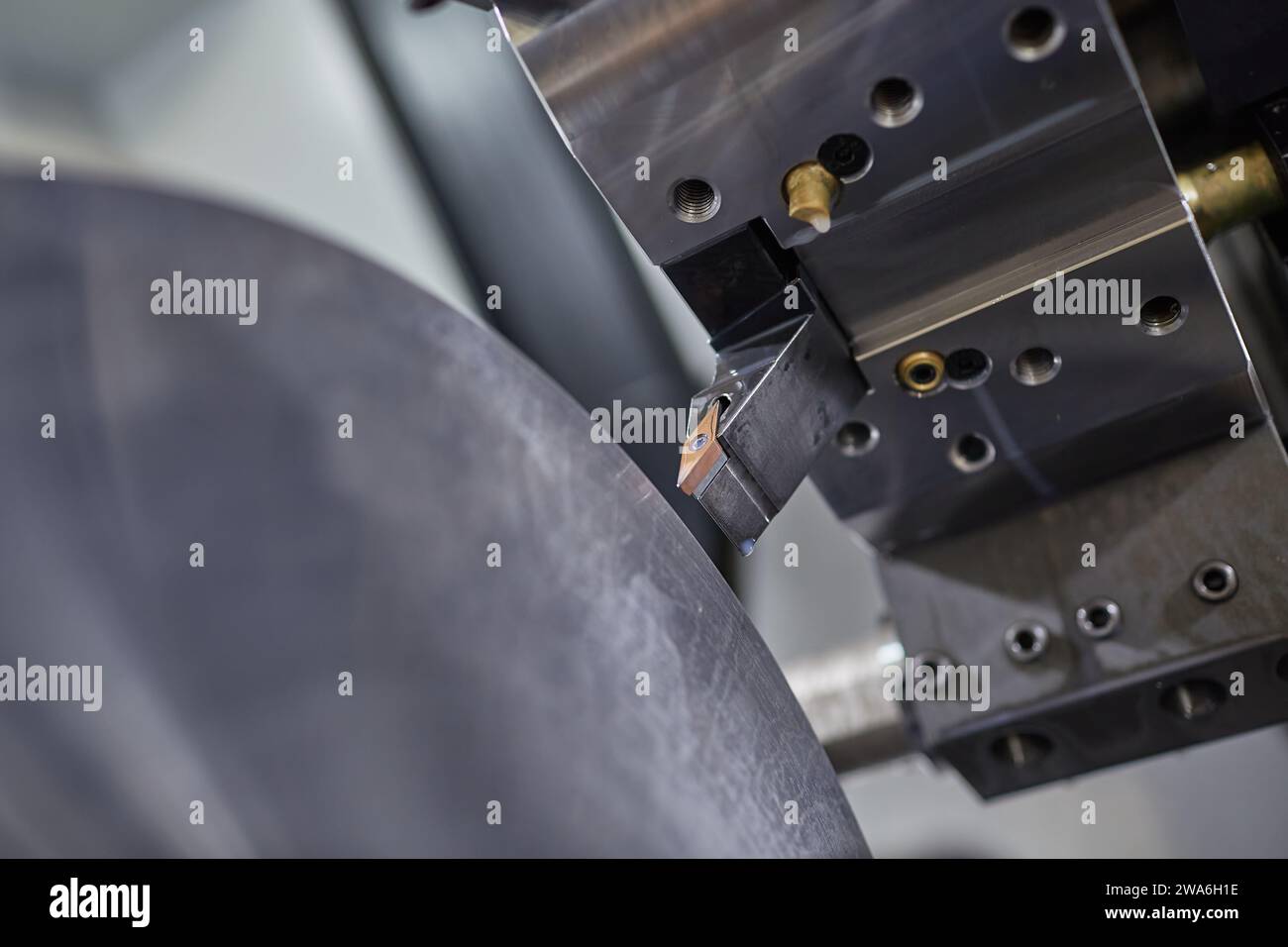 modern CNC lathe close-up, metal processing process on a lathe Stock ...