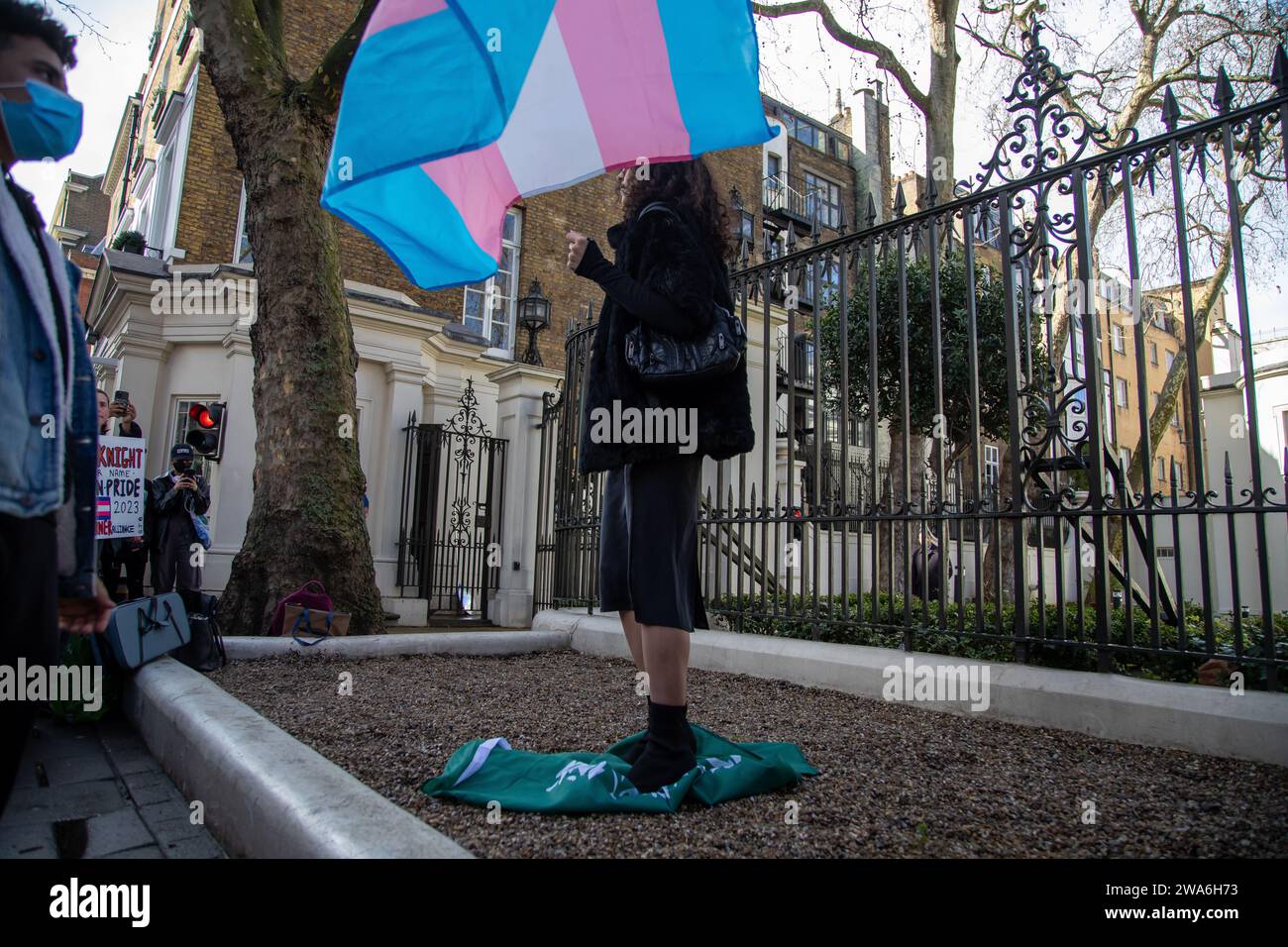 LGBTQ+ protesters outside the Saudi embassy in London protesting the ...
