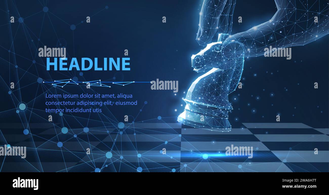 Chess knight. Digital hand with knight on digital background. Business ...