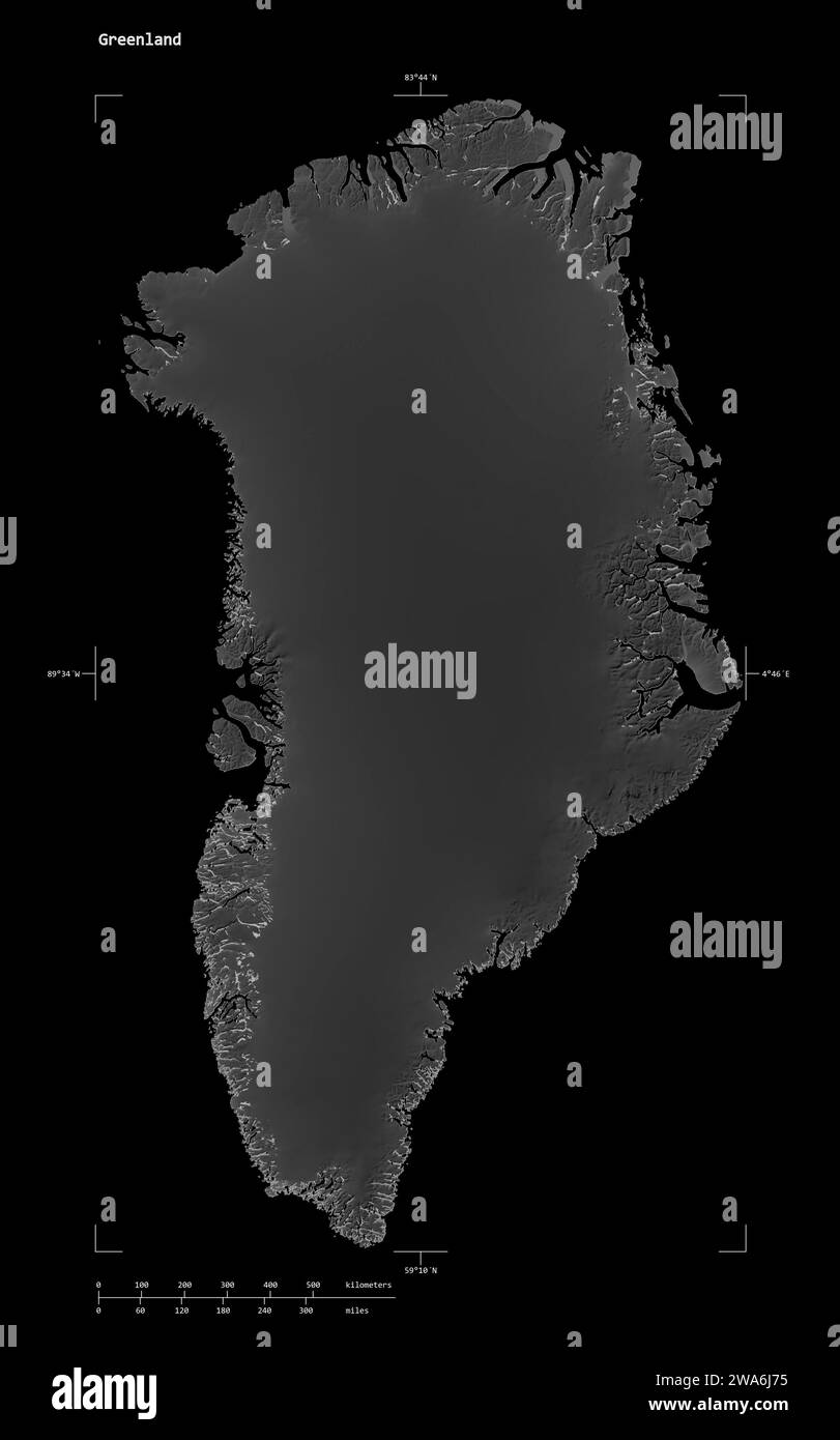Shape of a Grayscale elevation map with lakes and rivers of the Greenland, with distance scale ...