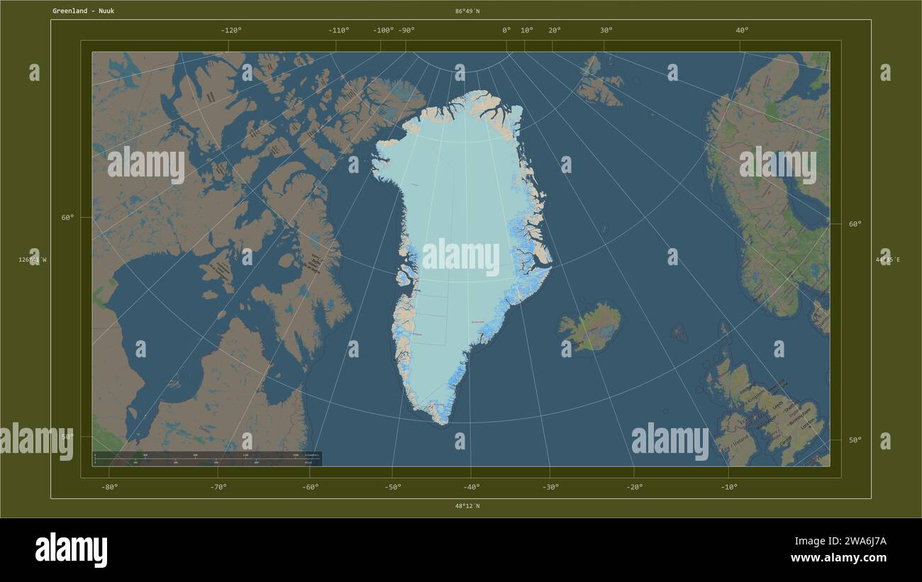 Greenland highlighted on a topographic, OSM standard style map map with ...