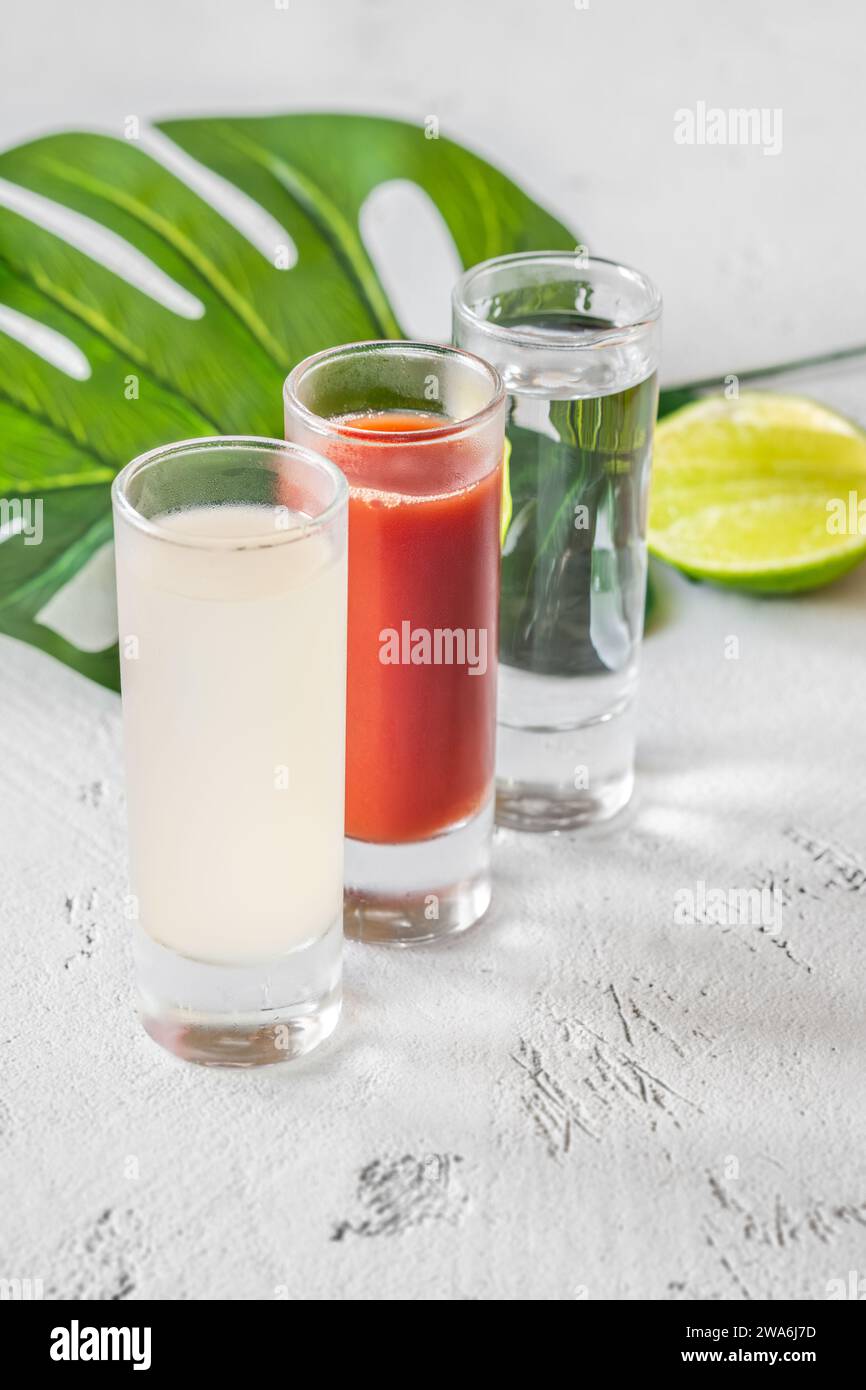 Bandera Cocktail - shots of sangrita, tequila and lime juice Stock ...