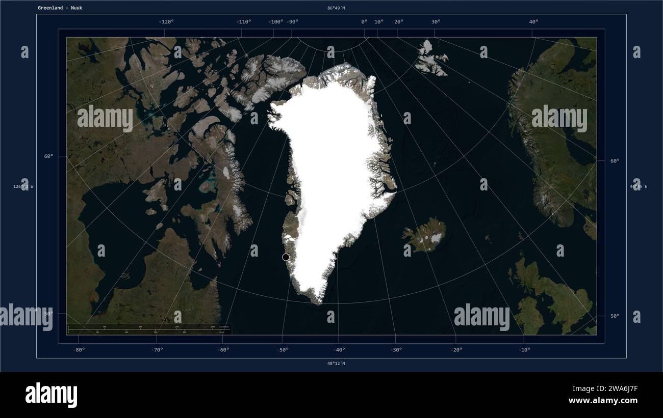 Greenland highlighted on a low resolution satellite map map with the ...