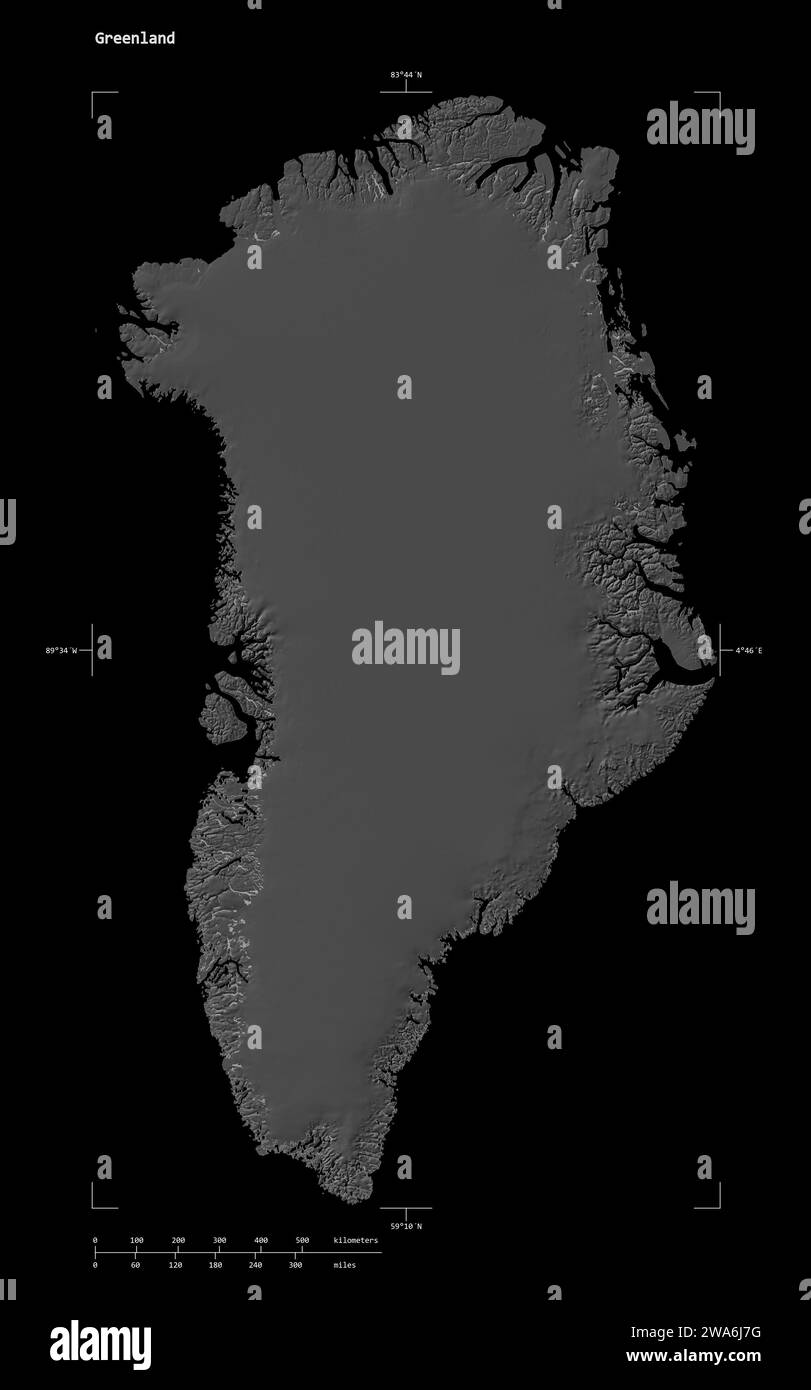 Shape of a Bilevel elevation map with lakes and rivers of the Greenland, with distance scale and ...