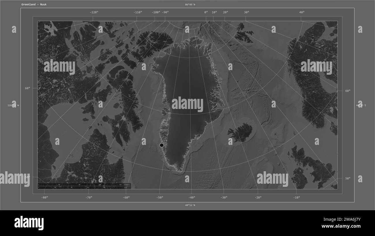 Greenland highlighted on a Grayscale elevation map with lakes and ...