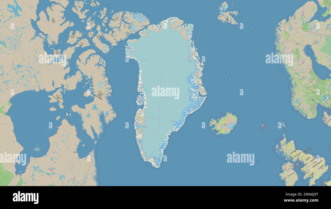 Greenland outlined on a topographic, OSM standard style map Stock Photo - Alamy