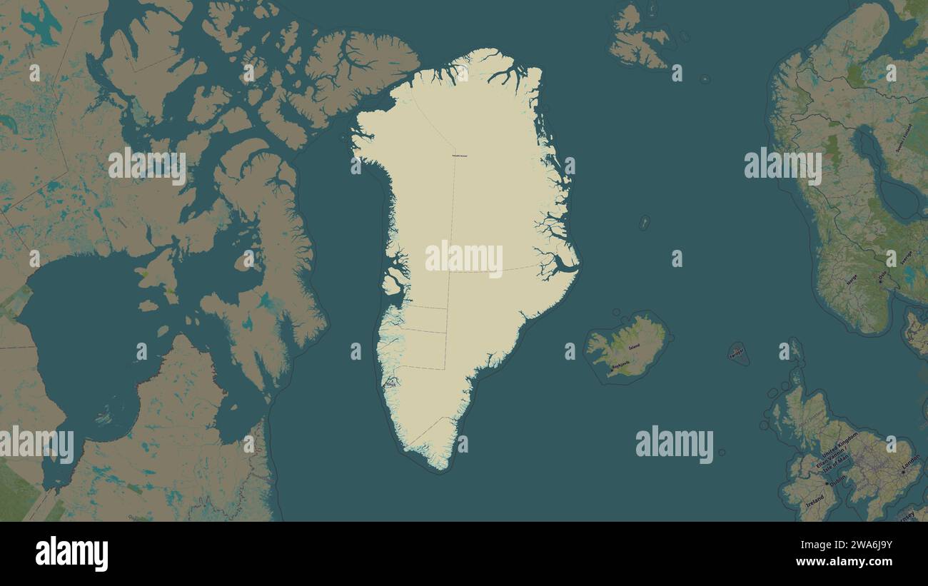 Greenland highlighted on a topographic, OSM Humanitarian style map Stock Photo - Alamy