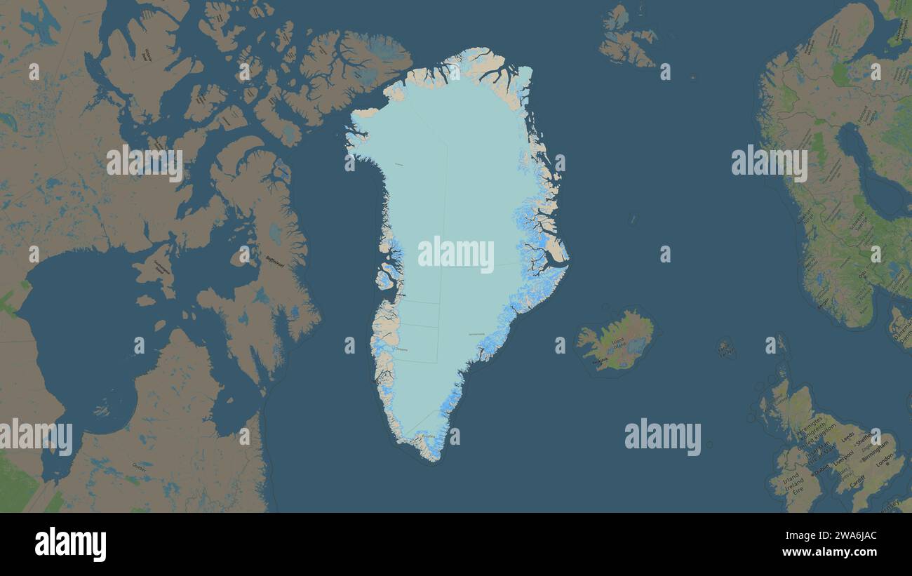 Greenland highlighted on a topographic, OSM Germany style map Stock Photo - Alamy