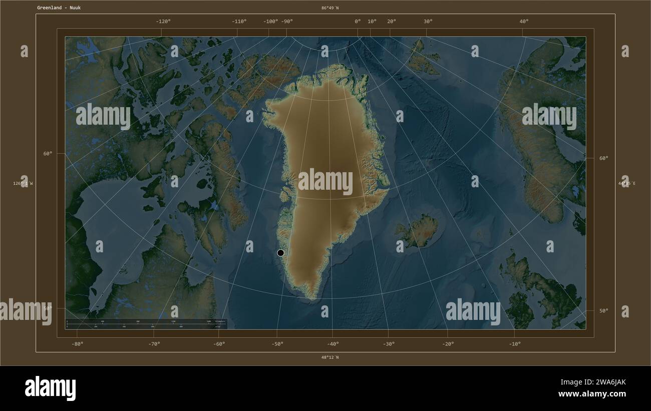 Greenland highlighted on a Colored elevation map with lakes and rivers ...
