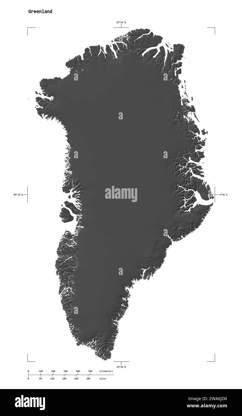 Shape of a Bilevel elevation map with lakes and rivers of the Greenland, with distance scale and ...