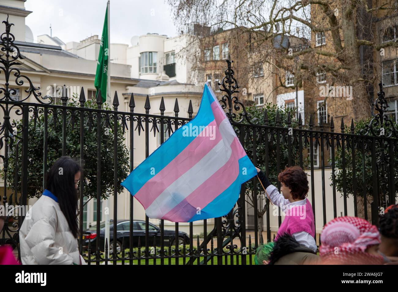 LGBTQ+ protesters outside the Saudi embassy in London protesting the ...