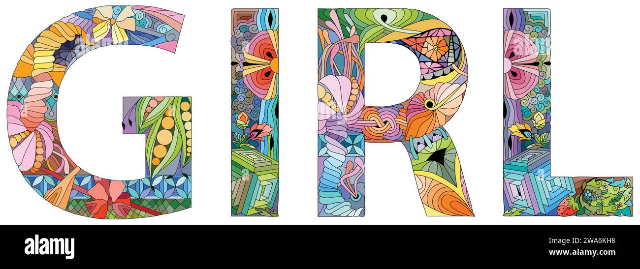 Hand-painted art design. Hand drawn illustration word GIRL for t-shirt ...