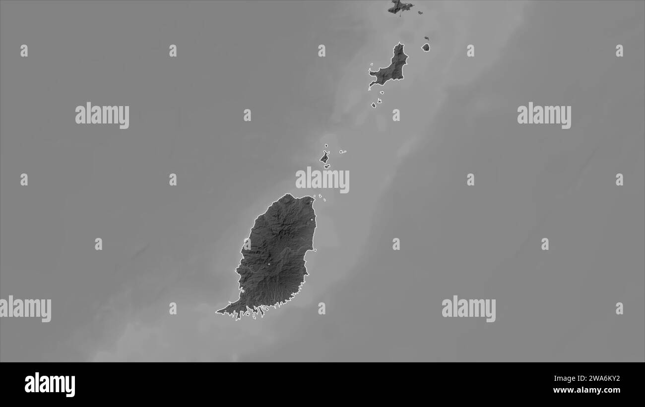 Grenada outlined on a Grayscale elevation map with lakes and rivers ...