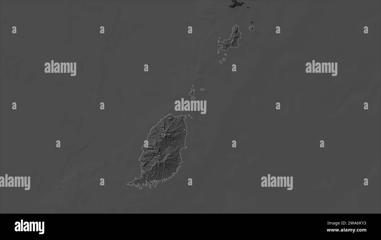 Grenada highlighted on a Bilevel elevation map with lakes and rivers ...