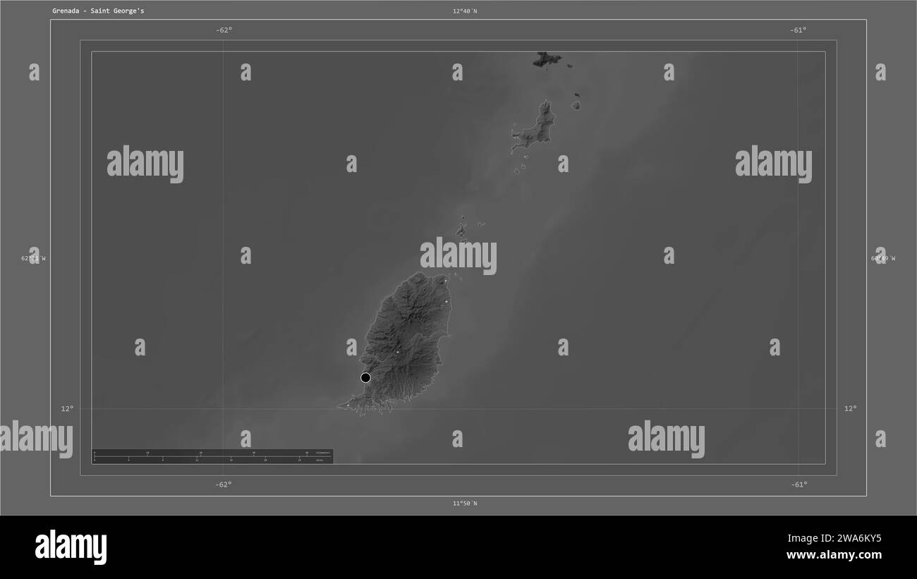Grenada highlighted on a Grayscale elevation map with lakes and rivers ...