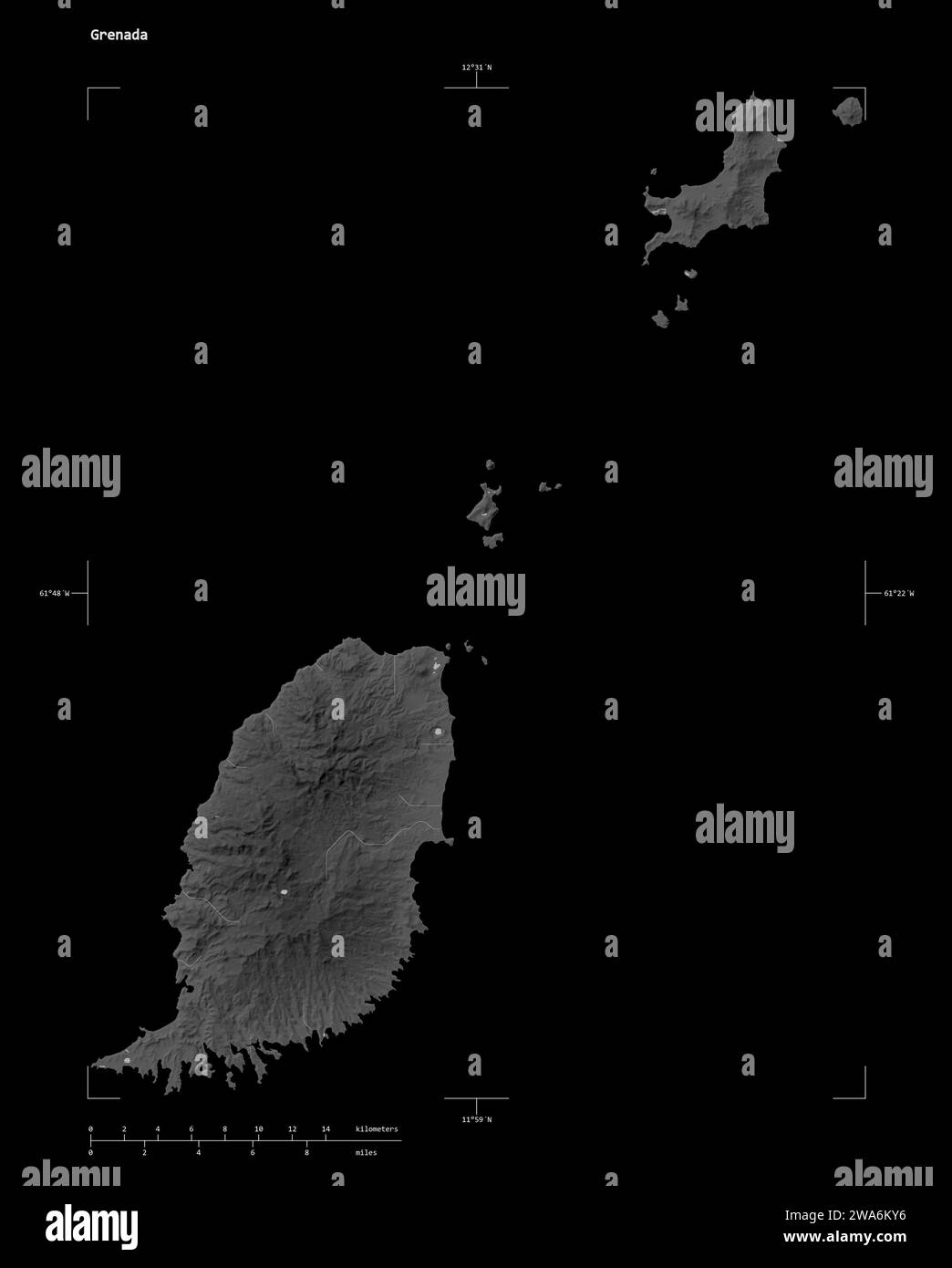 Shape of a Grayscale elevation map with lakes and rivers of the Grenada ...